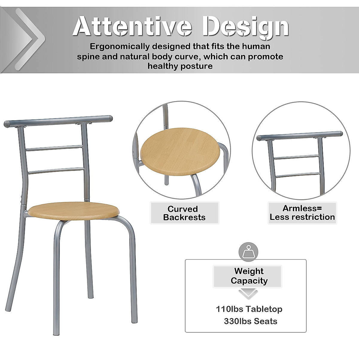 VECELO 3-Piece Bar Table Set, Round Tabletop & Chair for Kitchen Dining Room Breakfast, Built-in Wine Rack, Space Saving, 31.5" Length X 21" Width, Silver and Natural
