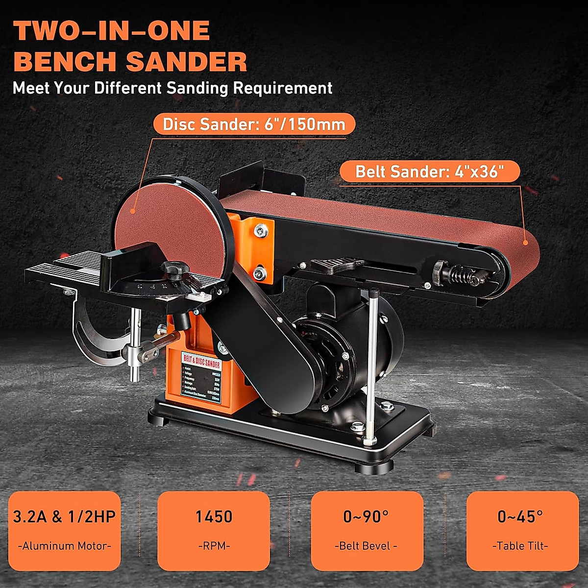 DAJYAWON Belt Sander, 4 x 36 in. Belt and 6 in. Disc Sander, 3.2-Amp 2/3HP Belt Disc Sander Combo with 2 Dust Collection Port, Bench Belt Sander for Woodworking, Metal Working