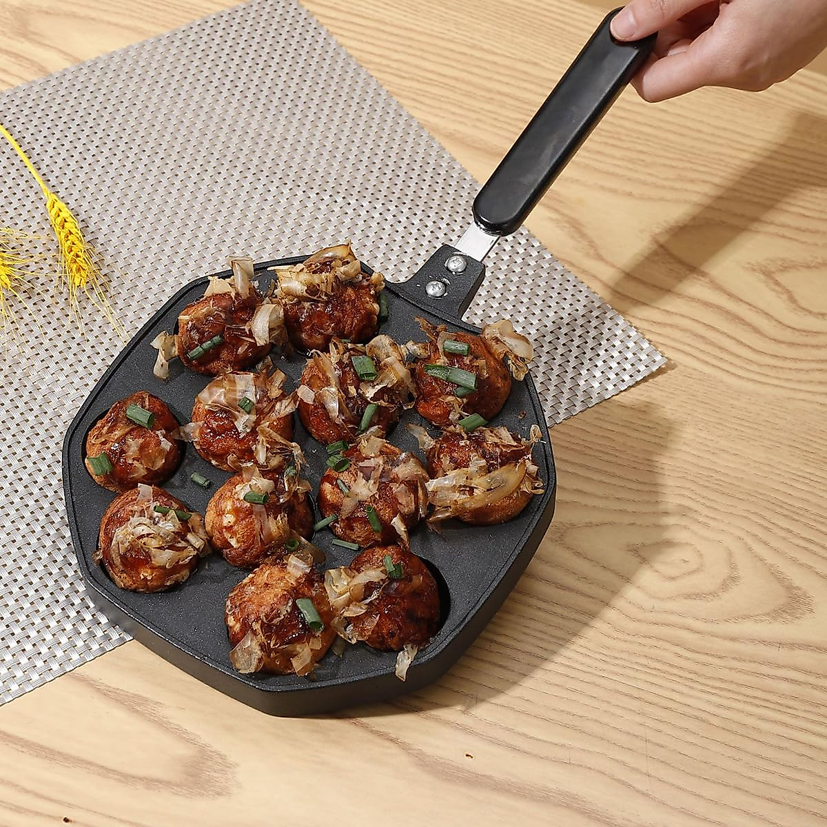 Takoyaki Pan 12-Hole, UNOSCHRIM Non-stick Aebleskiver Pan, Mini Pancake Mold with Brush and Two Forks, Aluminum Griddle Stuffed Pancake Maker for Making Octopus Balls, Puffs or Danish Stuffed Pancakes