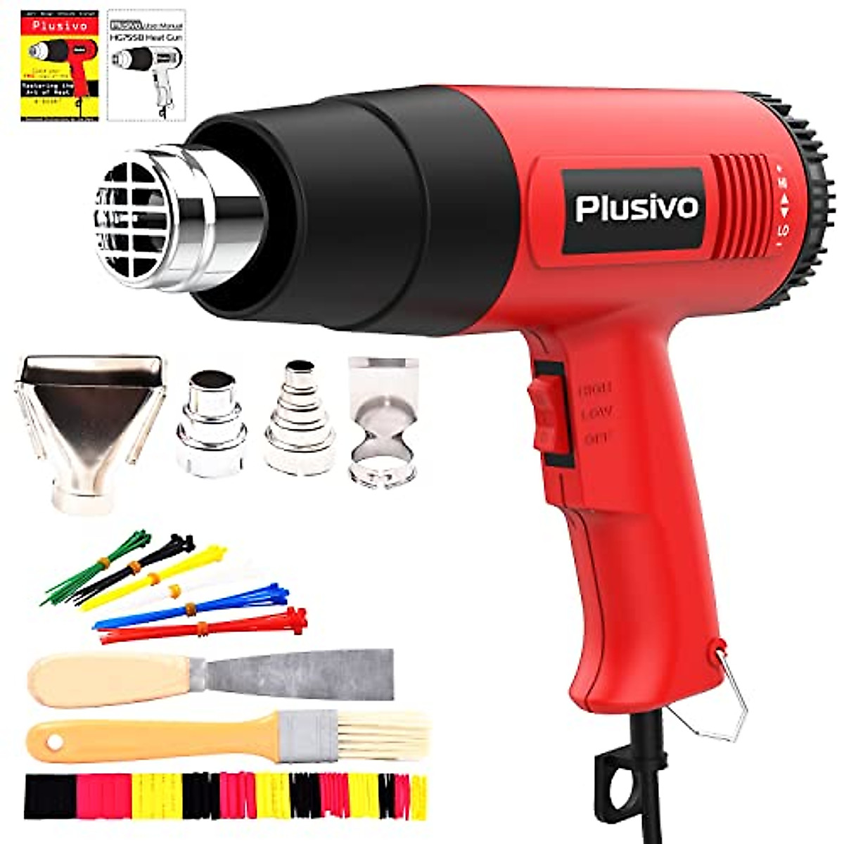 Heat Gun 2000W Fast Heat Heavy Duty Hot Air Gun Adjustable Temperature Control 122~1112℉ (50-600℃) Dual Speed 4 Nozzles for DIY Crafts, Shrinking Tubes, Bending PVC, Stripping Paint from Plusivo