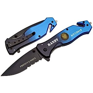 BLUE STEEL Laser Engraved Pocket Knife, First Responder Folding Pocket Knife, Seat Belt Cutter, Glass Breaker, Liner Lock Clip, Open Assist, Color- 300202-PD