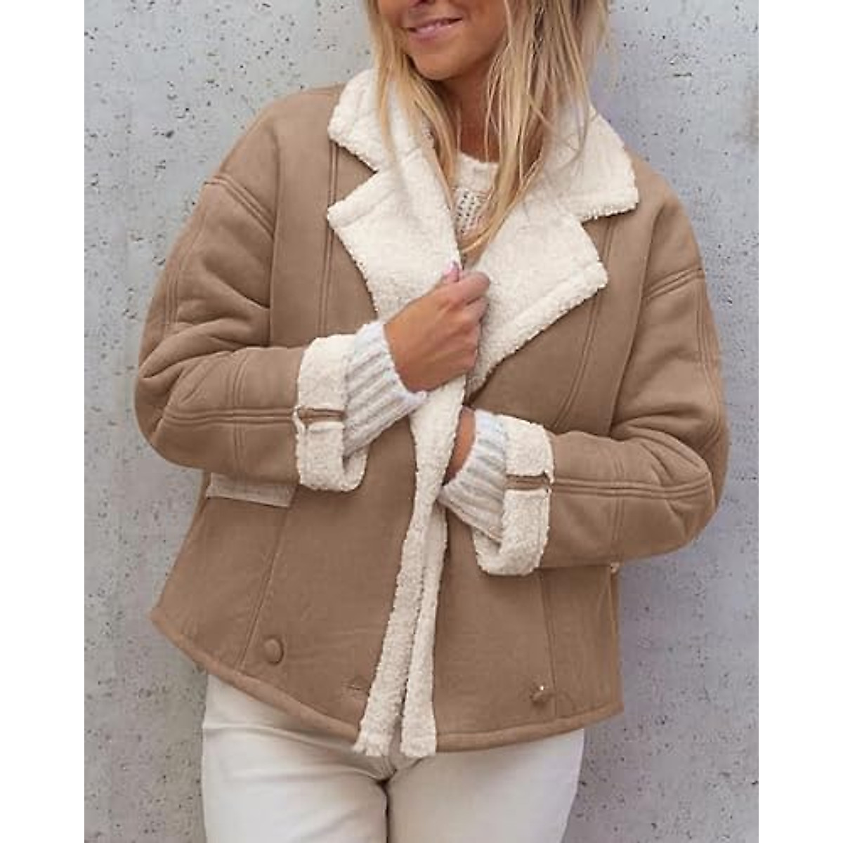 PRETTYGARDEN Womens 2024 Winter Suede Coats Fleece Sherpa Lined Jacket Faux Fur Lapel Pockets Warm Fall Fashion Outerwear (Camel,X-Large)