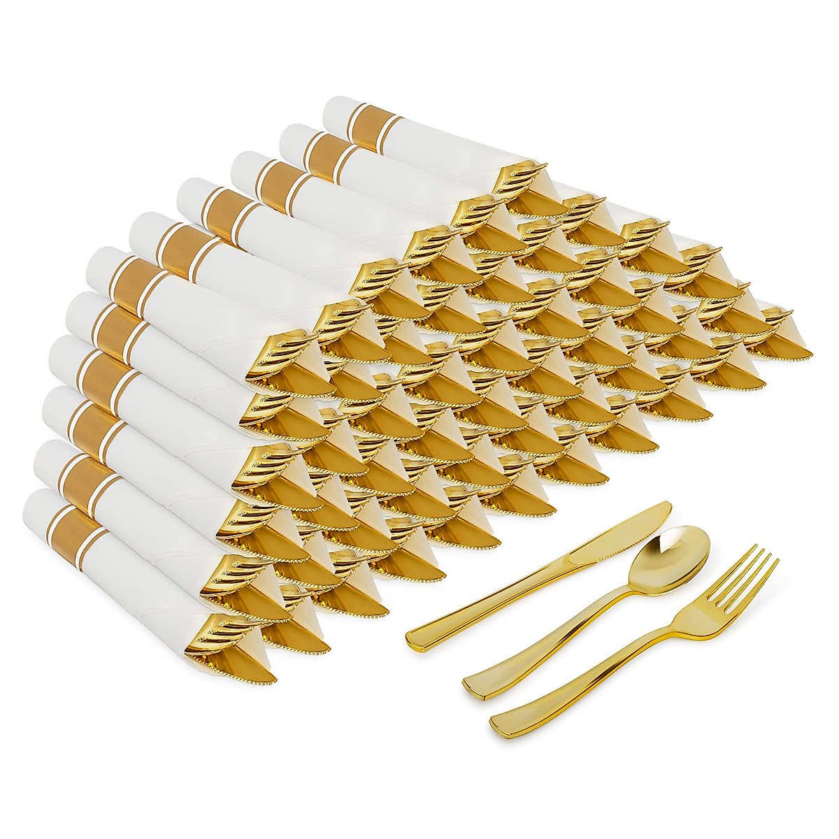 50 Gold Wrapped Plastic Cutlery Set with Napkin - By Zulzzy- Individually Pre Rolled Gold Silverware Disposable Ideal for Parties, Weddings, 50 Forks, Spoons & Knives with White Napkins