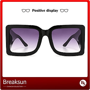 Breaksun Fashion Big Square Sunglasses for Women Men Classic Black Luxury Designer Sun Glasses Thick Frame Gradient Tint (Black/Grey/Black Character)