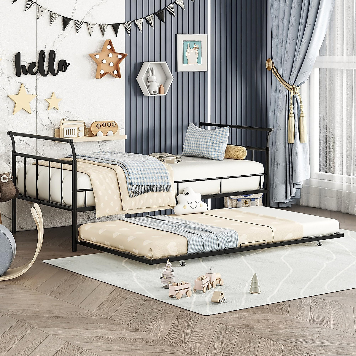 Full Size Daybed with Trundle Twin, Heavy Duty Daybed with Curved Handle and Slats, Metal Daybed for Kids, Girls, Boys, No Box Spring Needed, Black Day Bed Full Size