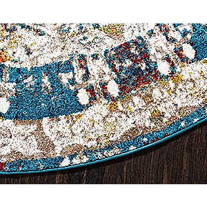 Unique Loom Rosso Collection Vintage, Traditional, Distressed, Bohemian, Botanical, Southwestern Area Rug, Round 8' 0" x 8' 0", Multi/Blue