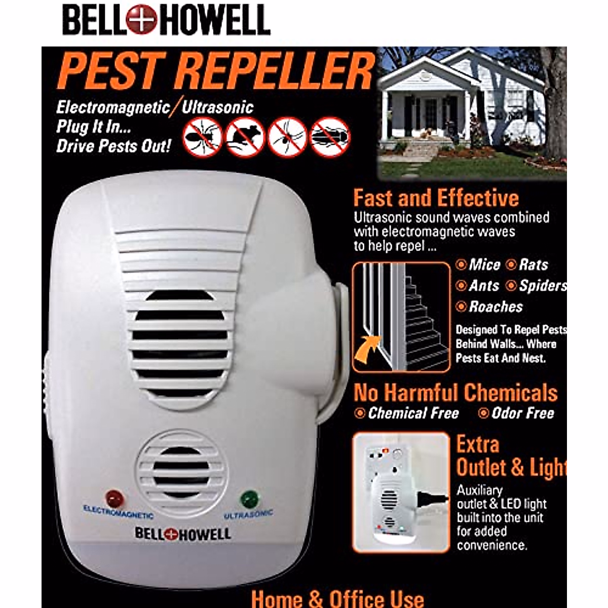 Bell + Howell Ultrasonic Electromagnetic Pest Repeller with AC Outlet and Switch, 1-Count…