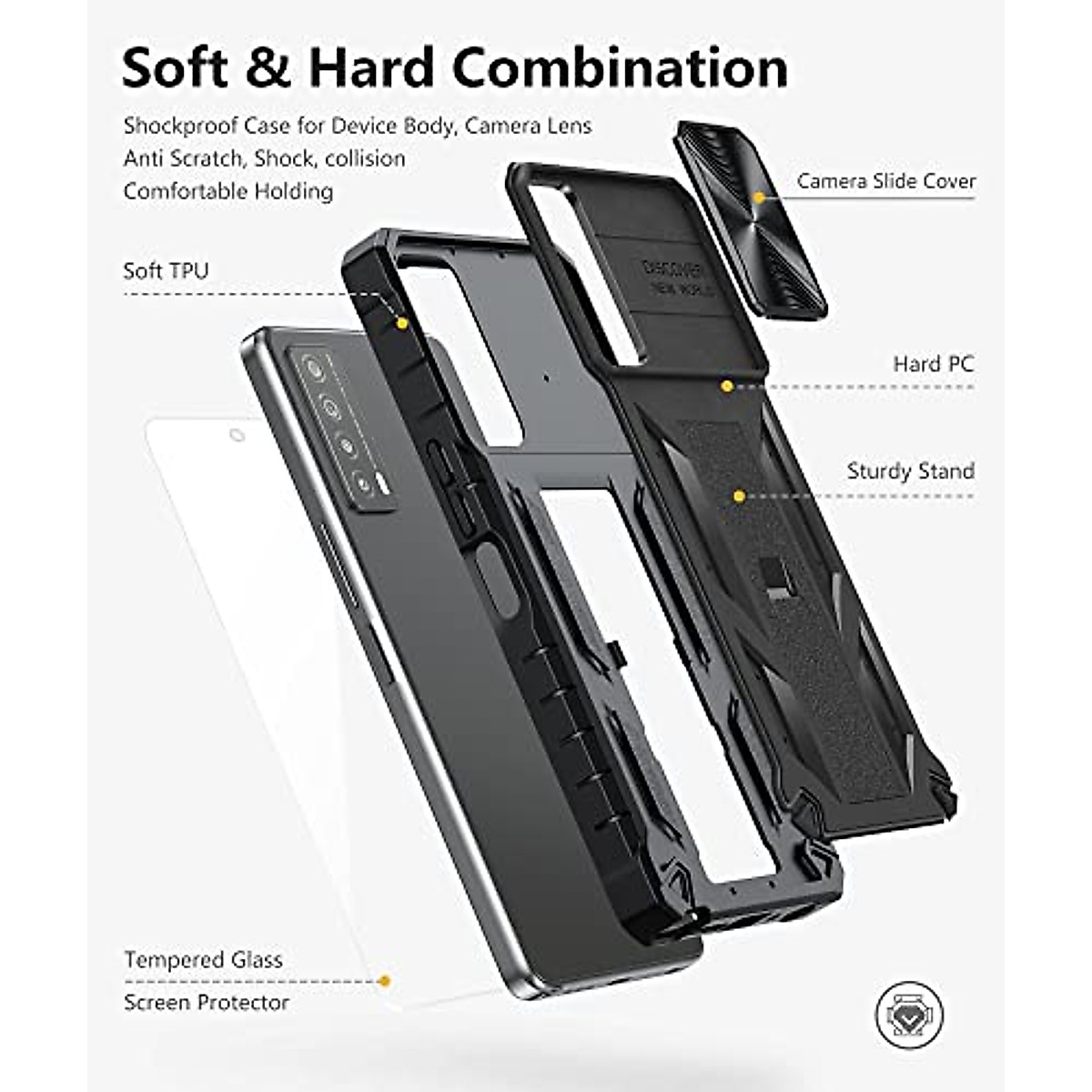 Case Designed for TCL Stylus 5G: Military-Grade Drop Proof Protection Rugged Protective Cell Phone Cover with Built in Kickstand & Slide - Shockproof TPU Matte Textured Bumper Armor Design - Black