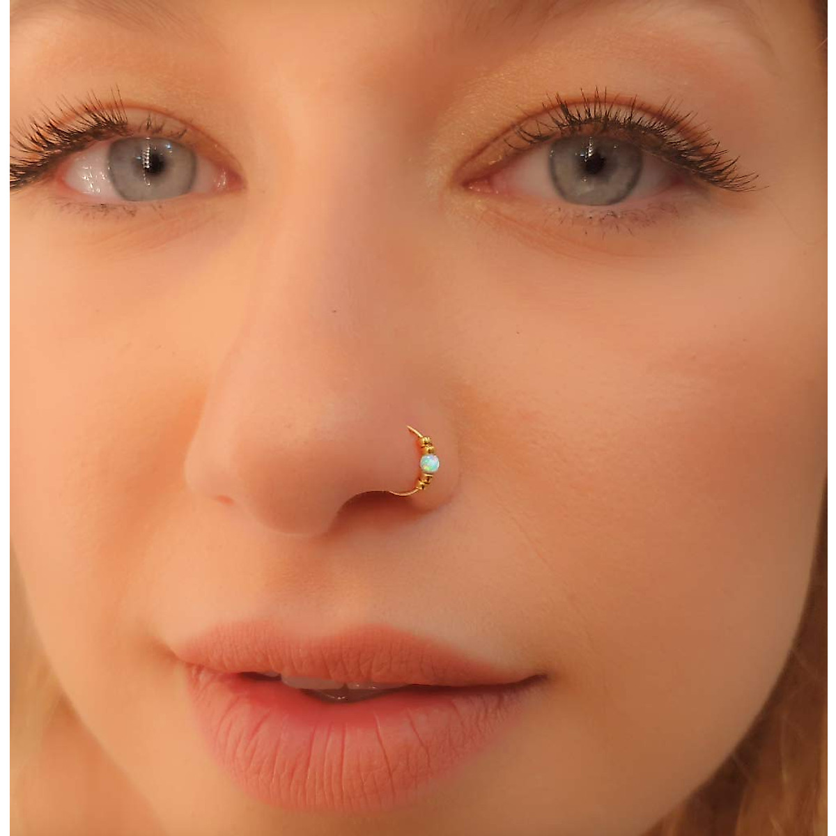 Opal nose ring - Thin 14k Gold Filled Tiny White Opal Nose piercing Hoop - 2 mm White Opal piercing Nose Hoop - 24 gauge very Thin Nose Hoop Tiny Piercings Nose Rings hoop - Delicate nose ring