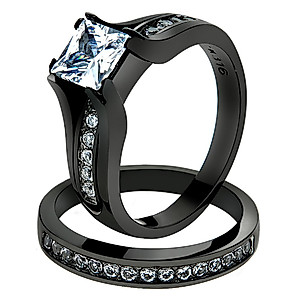 Marimor Jewelry 2.10 Carat Princess Cut Zirconia Black Stainless Steel Wedding Ring Set Womens Size 6