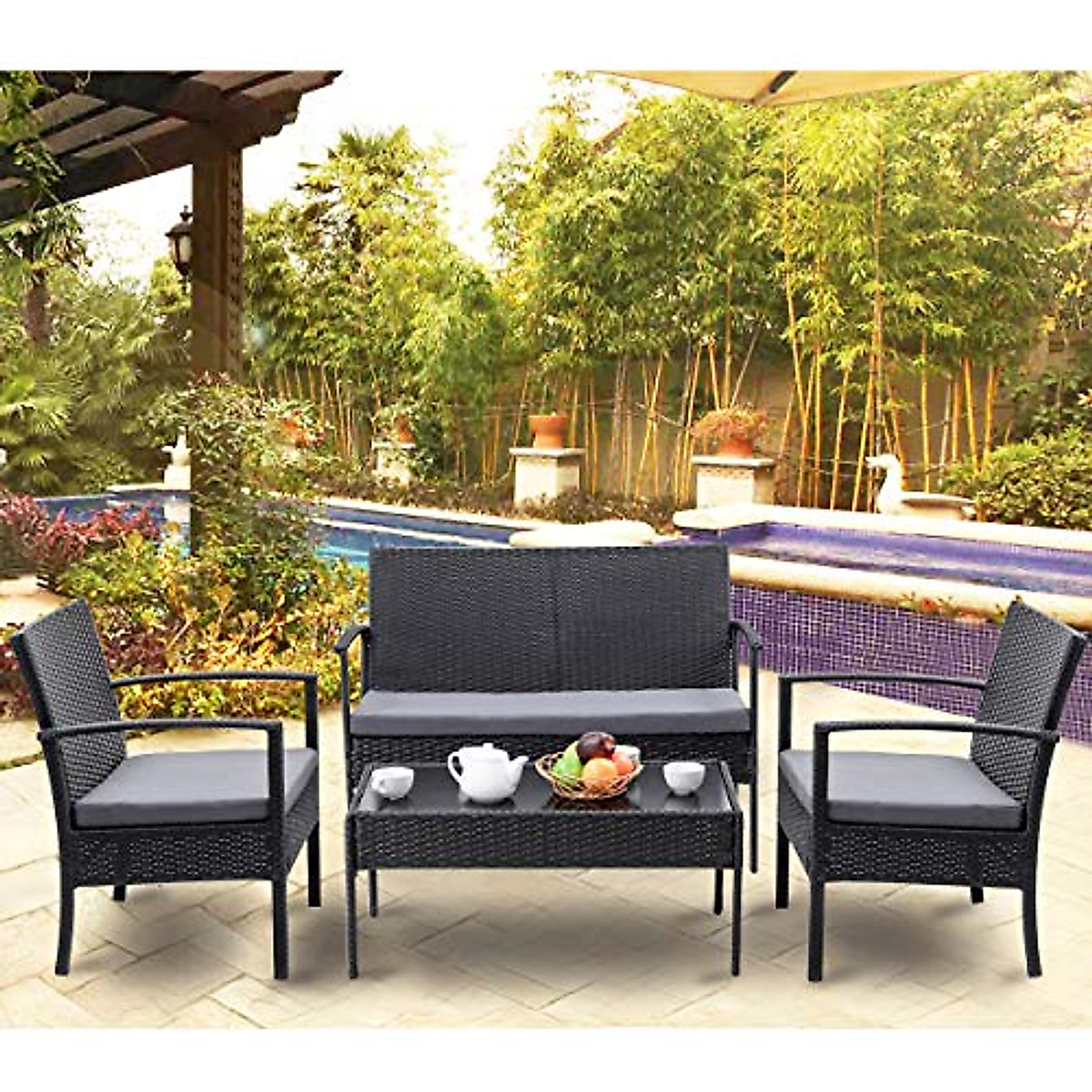 Casart Set of 4 Modern Wicker Rattan Conversation Set, Outdoor Patio Furniture Set for Yard, Garden and Poolside