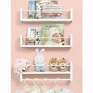 Maxpeuvon Nursery Bookshelves Set of 3, Natural Wood Nursery Floating Shelves Wall Mount Storage Shelf with Towel Bar Hainging Bookshelf for Kids Room Bedroom Nursery Decor