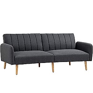 HOMCOM Two Seater Sofa Bed, Convertible Futon Couch Bed, Linen Upholstered Loveseat with Adjustable Backrest for Small Spaces, Living Room, Apartment, and Dorm, Dark Grey