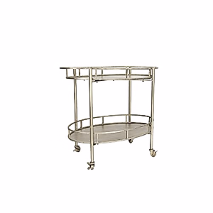 Creative Co-Op Art Deco Oval 2-Tier Bar Cart with Wheels, Antique Silver Finish