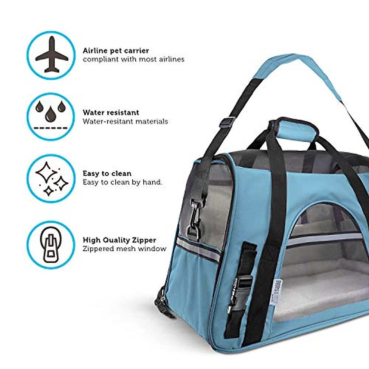 Paws & Pals Airline Approved Pet Carriers with Fleece Bed For Dog & Cat, Large, Mineral Blue