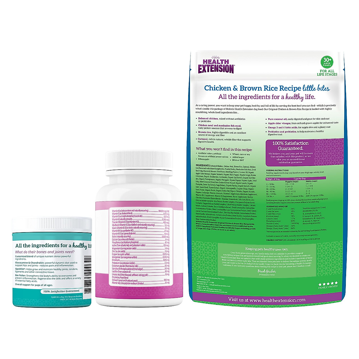 Health Extension Dog Health and Nutrition Bundle - Multivitamin (30 Tablets), Little Bites Dry Dog Food Chicken & Brown Rice Recipe (4 Lbs), Joint & Hip Supplement Cheese Flavored Powder (16oz)