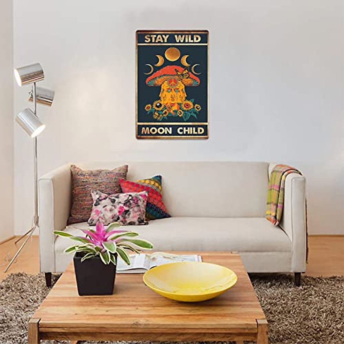 SGYJW Hippie Tin Sign Retro Sunflower Funny Mushroom Anti War Sign Stay Wild Moon Child Flower Child Metal Poster 8x12 Inch Iron Painting Plaque Wall Decor for Bedroom Bathroom Bar Living Room Wall Decor