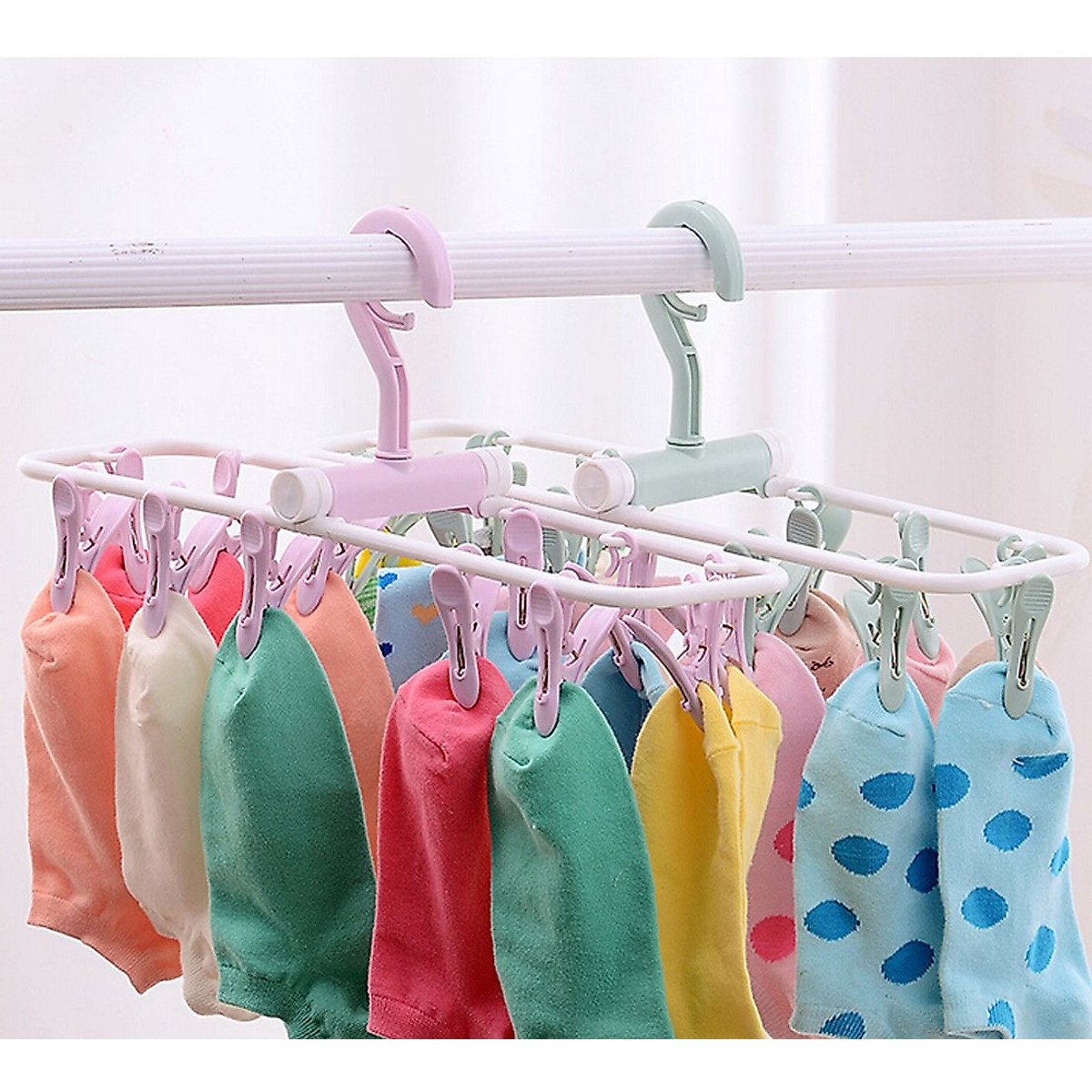 Inoutdoorkit Folding Travel Clip & Drip Hangers, Portable Plastic Clothes Underwear Socks Laundry Drying Hanger Rack With 12 Clips For Home Or Outdoor FPH12 (Light Purple)