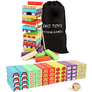 Lewo Colored Stacking Game Wooden Building BlocksTower Board Games for Kids Adults 54 Pieces (Colorful Stacking Gane)