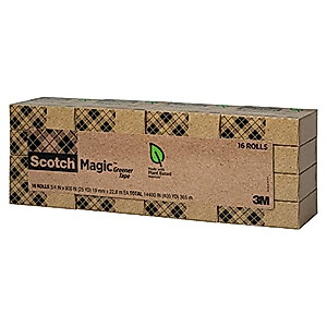 Scotch Magic Greener Tape, 16 Rolls, Numerous Applications, Invisible, Engineered for Repairing, 3/4 x 900 Inches, Boxed (812-16P)