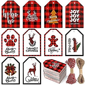 Christmas Gift Tags 100PCS Buffalo Plaid Paper Tags Red and Black Plaid Hang Labels with 65 Feet Jute Twine for Christmas Holiday Present Wrapping Decorations