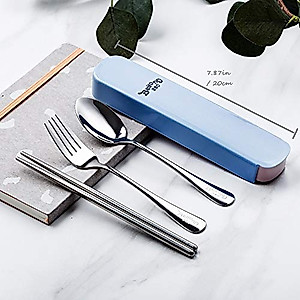 Beyond 280 Stainless Steel Flatware Set for School, Travel and Outdoor, Portable 3 Piece Set Reusable Chopsticks, Fork, Spoon (Blue Case)