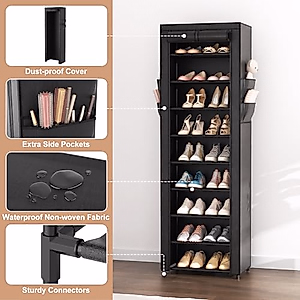 ROJASOP Shoe Rack with Covers, 10 Tier Shoe Organizer Narrow Shoe Storage Cabinet for 20-22 Pairs Shoes and Boots Tall Space Saving Shoe Shelf for Closet Entryway Garage Hallway Bedroom
