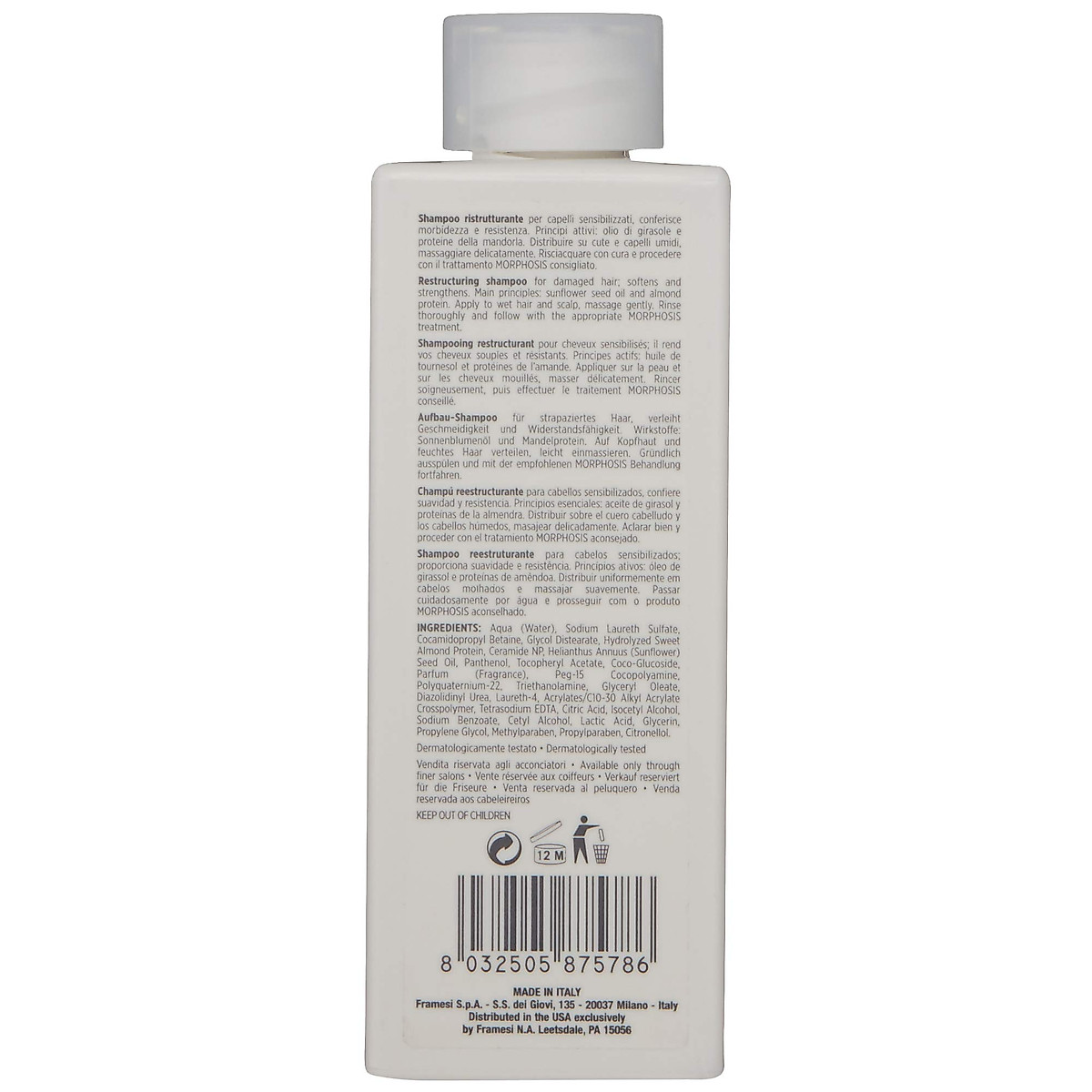 Framesi Morphosis Repair Shampoo, 8.4 fl oz, Shampoo for Color Treated Hair with Sunflower Oil