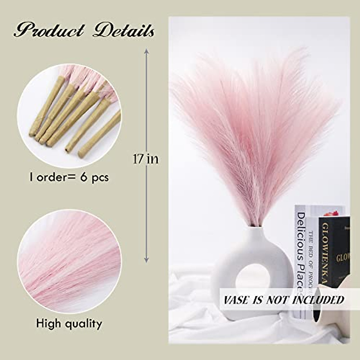 6 PCS Faux Pampas Grass 17"/44cm Artificial Fluffy Pompas Grass Fake Pampas Grass 7 Branches for Wedding Party Bedroom Boho Home Decor (034 Light Pink)