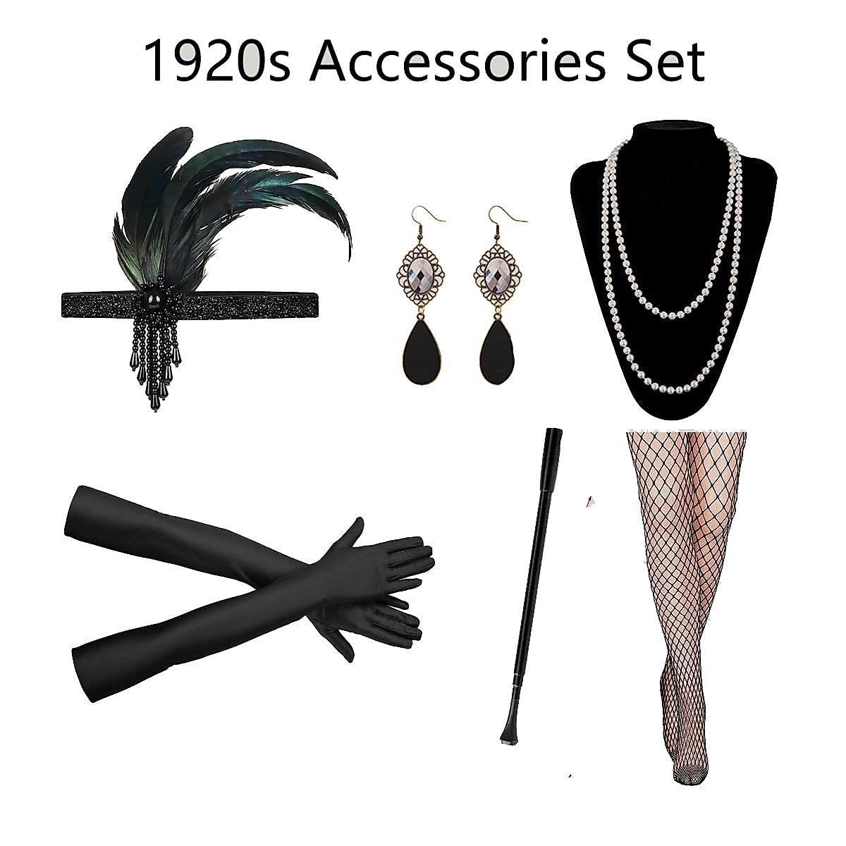 1920s Flapper Accessories Set, Roaring 20s Accessories Women Feather Headpiece Necklace Earrings Long Gloves,Silver Black