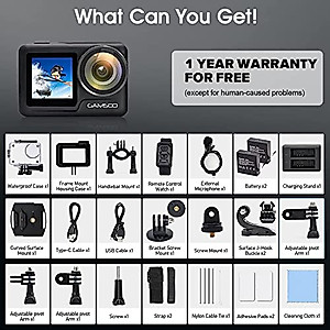 GAMSOD 4K60FPS 20MP WiFi Action Camera with Front LCD & Touch Rear Screens, 131 Feet Waterproof, Stabilization, EIS 2.0, Remote Control Outdoor Sports Camera, Vlog Underwater Camera with 2X Batteries