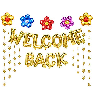 Welcome Back Balloons Gold Welcome Back Banner Back to School Party Supplies with Flower Balloons Star Banners First Day of School Classroom, Wedding, House, Home Decor Decorations
