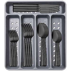 21-Piece Black Silverware Set with Organizer Tray Stainless Steel Cutlery Utensil Set Kitchen Spoons and Forks Set Tableware Set Heavy Duty Flatware Set Service for 4 Forks Spoons and Knives Set