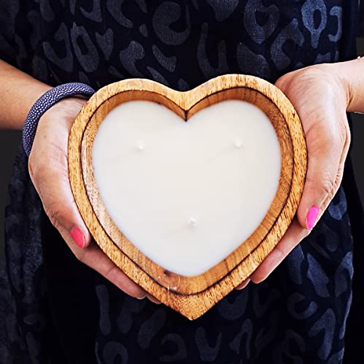 6” Heart Shaped Wooden Bowl Candle with Soy Wax - 3 Wicks 5 oz Decorative Dough Bowl Candles for Anniversary Engagement Wedding Birthday Valentine Christmas Gift (Vanilla Sandalwood - 6" Brown Bowl)