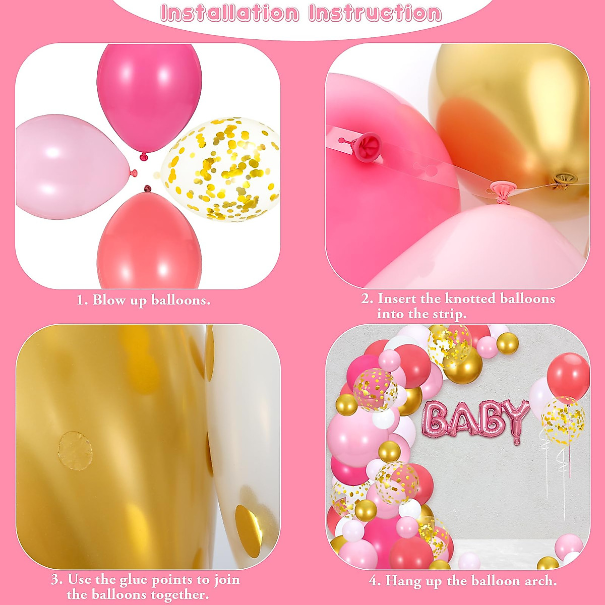 KaKaPops 169pcs Pink Balloon Garland Arch Kit, Gold White and Pink Balloons with Different Size Hot Pink Light Pink Balloons for Birthday Party Girl Baby Shower Decorations