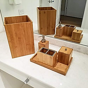 Elegant 5 Piece Bamboo Bathroom Accessories Set Deluxe Vanity Accessory Set with Wastebasket Updated Premium Bamboo Bath Set