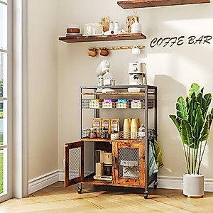 Hencawima Coffee Bar Cabinet, 3 Tier Coffee Station Table on Wheels, Bar Cart with Wire Basket Drawer & 5 Hooks for Home Kitchen, Liquor Buffet Sideboard Cabinet (Rustic Brown)