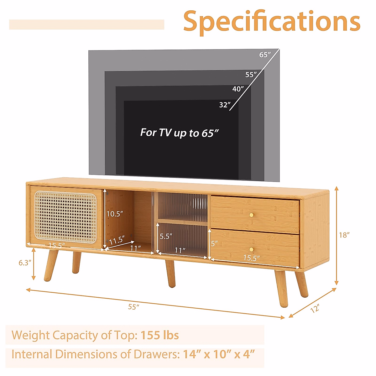 Tangkula Mid Century Modern TV Stand for TVs up to 65", Bamboo Entertainment Center w/Glass & PE Rattan Sliding Doors, 2 Drawers, Adjustable Shelf, Wood Legs, Media Console for Living Room