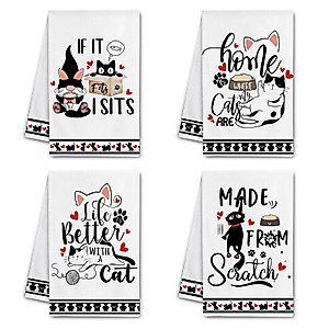 Hexagram Cat Kitchen Towels Set of 4, Cat Lover Gifts Cat Hand Towels for Kitchen Housewarming Farmhouse Kitchen Gifts,Cat Lovers Accessories for Women
