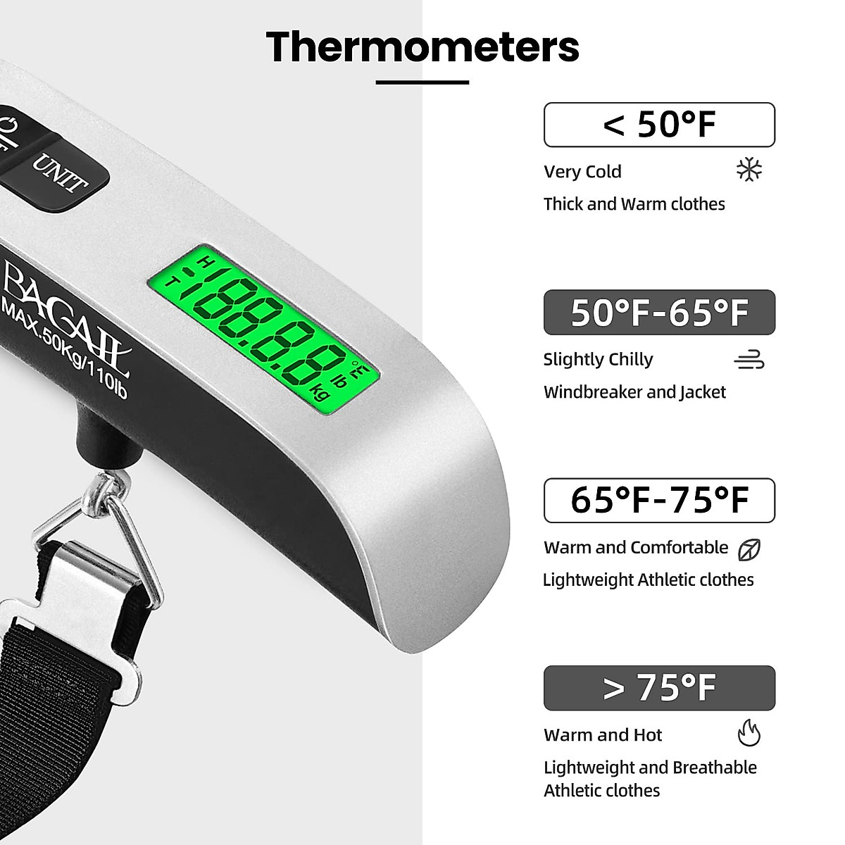 BAGAIL Digital Luggage Scale,110lbs Hanging Baggage Scale with Backlit LCD Display,Portable Suitcase Weighing Scale,Travel Luggage Weight Scale with Hook,Strong Straps for Travelers.(Silver with Temp）