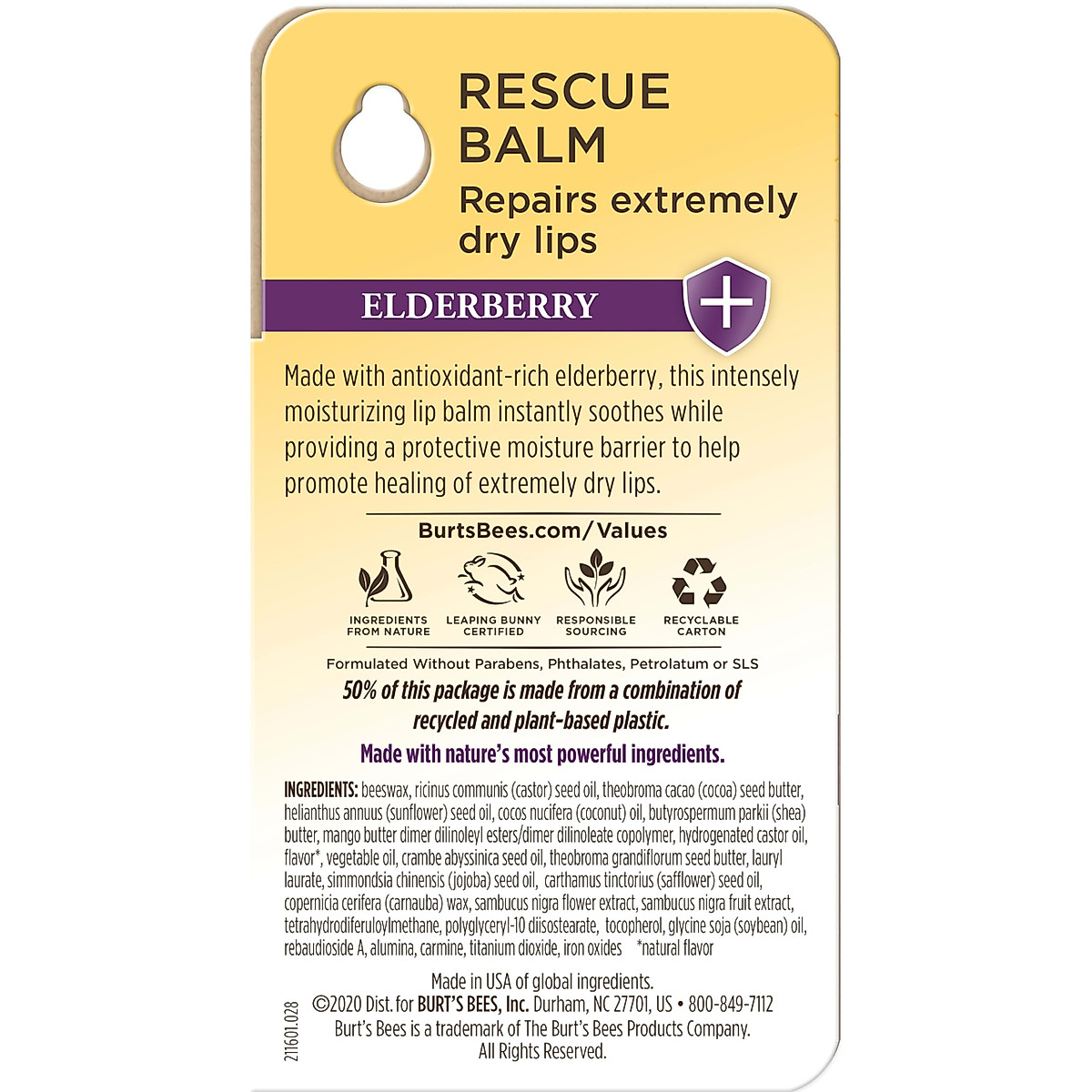 Burt's Bees 100% Natural Origin Rescue Lip Balm with Beeswax and Antioxidant-Rich Elderberry, 1 Tube in Blister Box (Package May Vary)