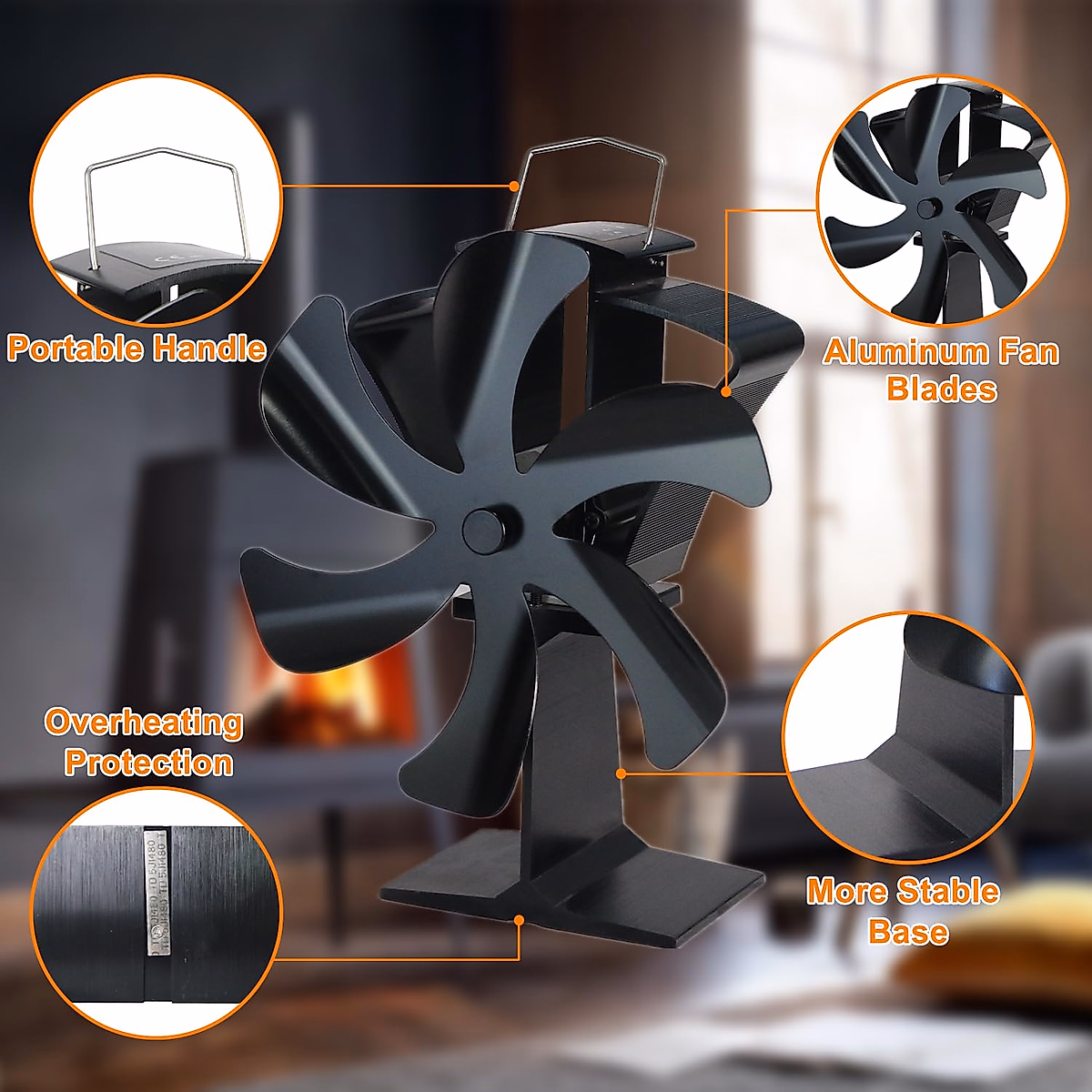 Tomersun Wood Stove Fan - 6 Blade Heat Powered Wood Burning Stove Accessory