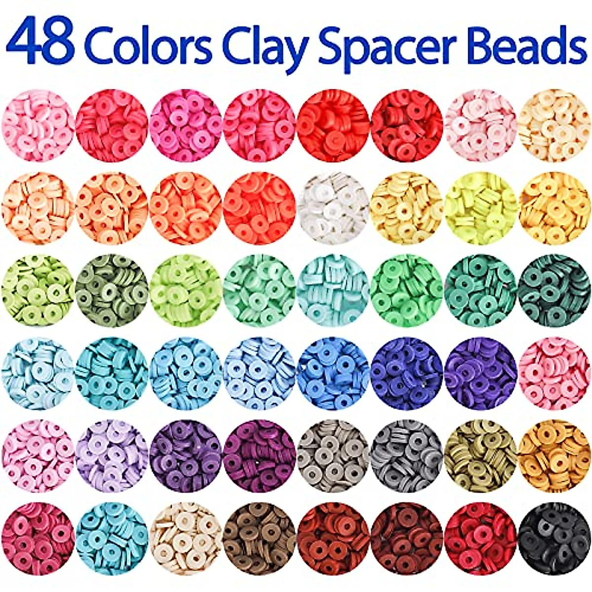 Quefe 6300pcs Clay Heishi Beads with 130pcs Letter Beads, Polymer Flat Round Disc Beads Kit with Elastic String, Pendant, and Jump Rings, for DIY Jewelry Marking Bracelets Necklace, 48 Colors 6mm