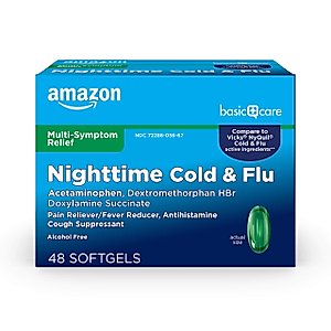 Amazon Basic Care Nighttime Cold and Flu Relief Softgels, 6 Hour Cold Medicine, Relieves Major Flu Symptoms So You Can Rest, 48 Count (Pack of 1)
