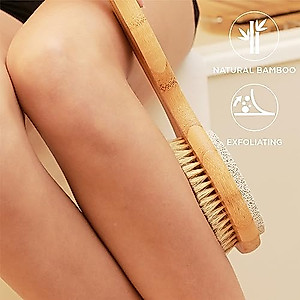 ICANdOIT Stiff Sisal Bristles 2 in 1 Long Handle Bath&Shower Brush,Bath Scrubber with Pumice Stone,Exfoliate&Soften Skin,Dry Brushing Body Brush for Cellulite&Lymphatic Drainage,Reduce ingrown Hairs