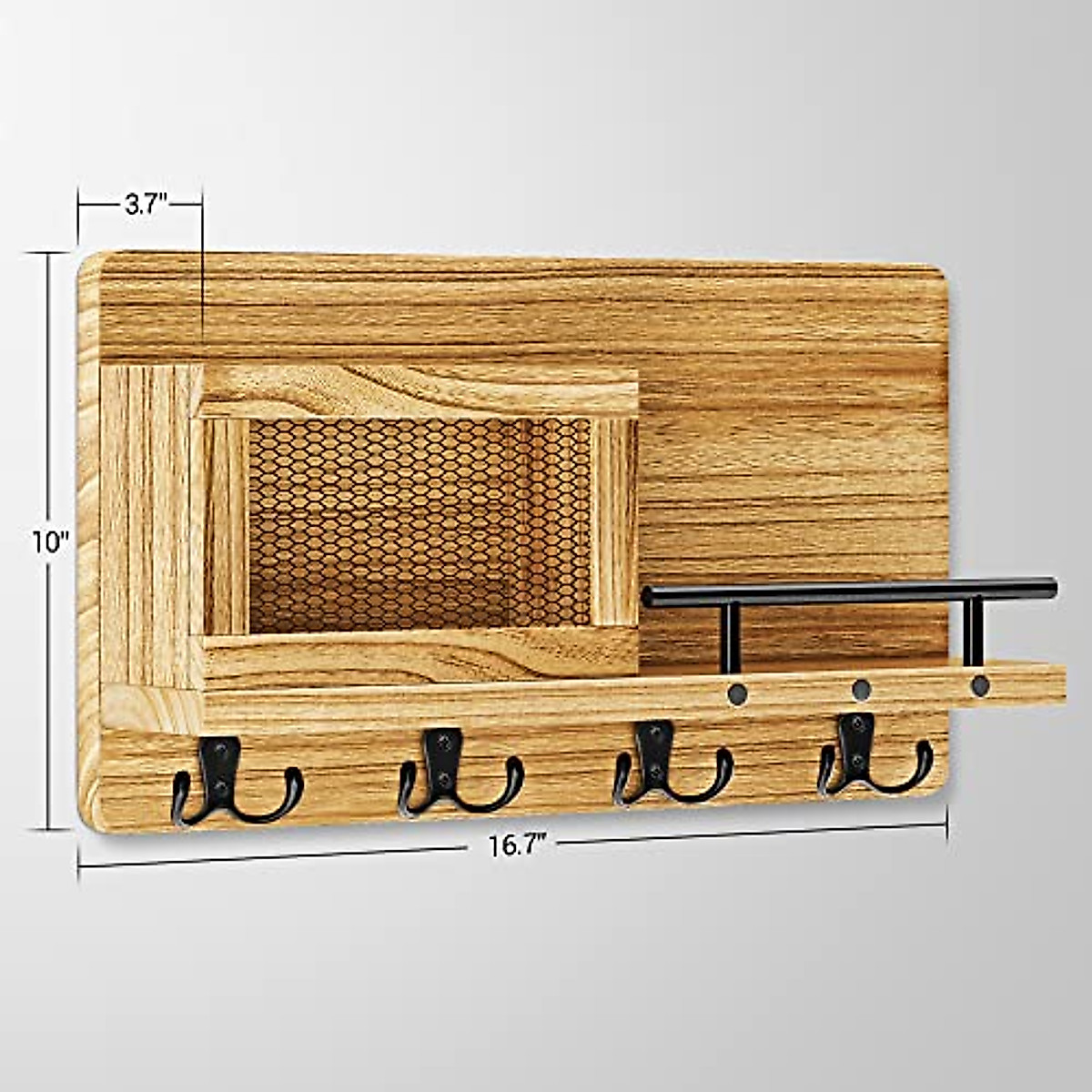 WallKeep Mail and Key Holder for Wall with Decorative Key Hooks - Wall Mount in Entryway, Mudroom or Office. Solid Wood Mail Organizer Floating Shelf Key Rack, Leash Holder and Key Hanger for Wall.