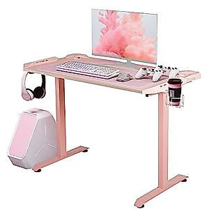 AODAILIHB Pink 44 Inch Cute Computer Gaming Table T Shaped Girl Gamer Workstation Home Office Desk with Cable Management and Headphone/Cup Holder