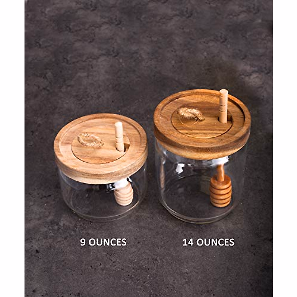 Honey Jar Pot Glass Holder Dispenser Set with Wooden Dipper Stick and Acacia Lid Cover for Home Kitchen, Clear, Modern Honey Syrup Glass Container for Storage Gift, Honey Pot and Drizzler (9 Oz)