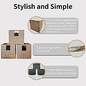 Foldable Wicker Storage Basket，Baskets for Shelves With Labels，3-Pack Pantry Baskets、Wicker Basket、Seagrass Baskets