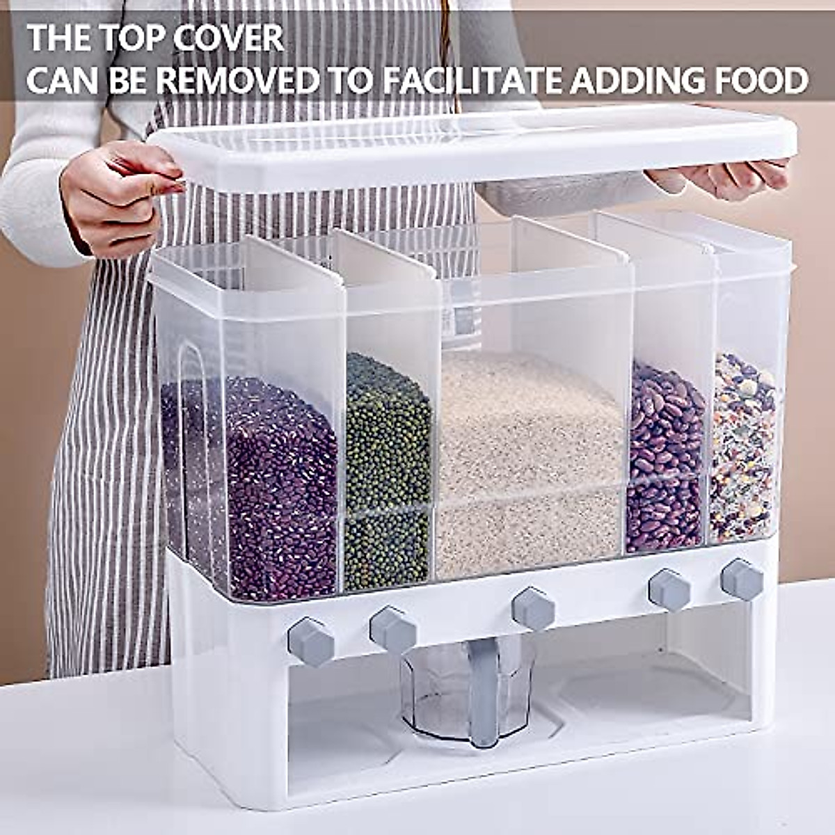 Gdrasuya10 10KG Rice Dispenser, 5-Grid Kitchen Grain Container Storage with Lid, One-Click Output Dry Food Storage with Measuring Cup for Rice, Cereal, Flour, Beans (16.53inch x 7.67inch x 13.85inch)